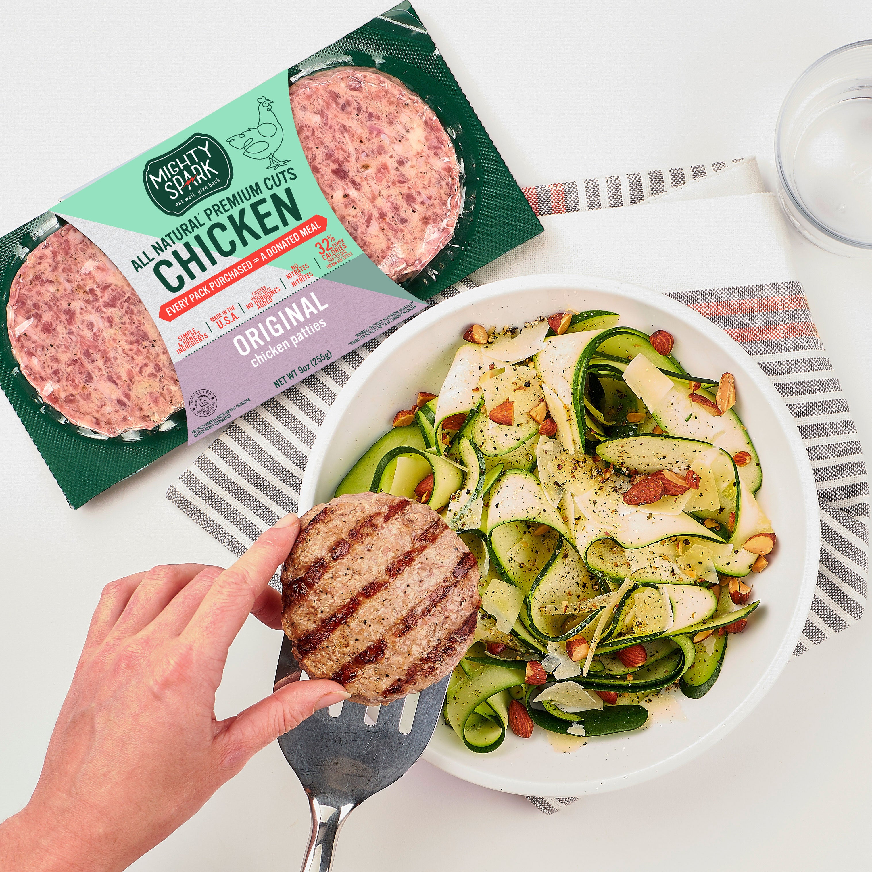 SLICED ZUCCHINI, ALMOND AND CHICKEN PATTY SALAD – Mighty Spark Food